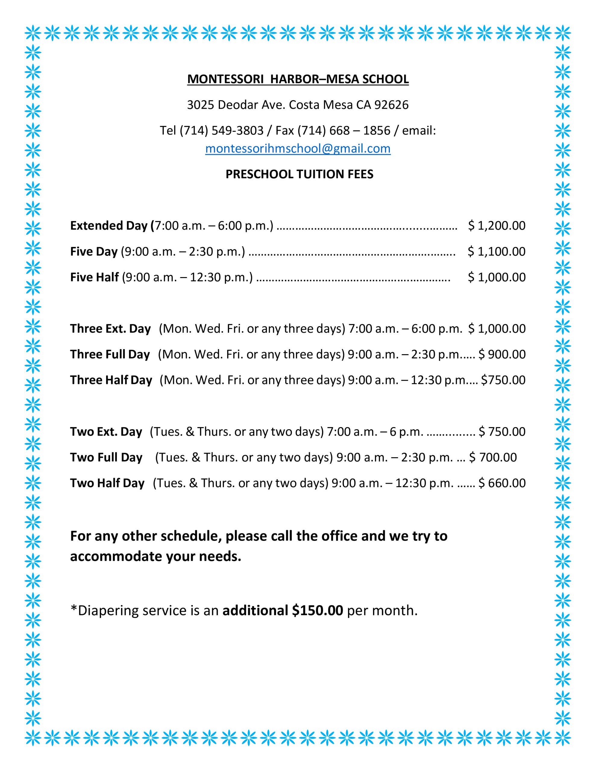 Tuition Fees 2024 | MONTESSORI HARBOR-MESA SCHOOL
